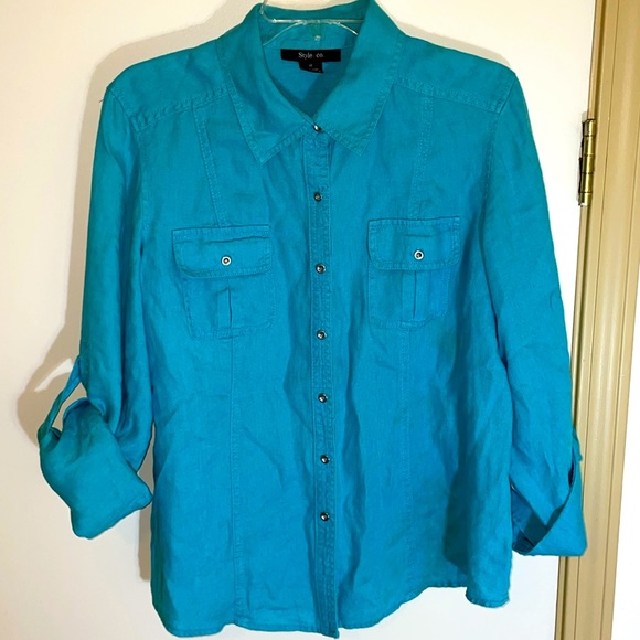 Style & Co. | Tops | Style Co Turquoise Linen Shirt 6 | Poshmark